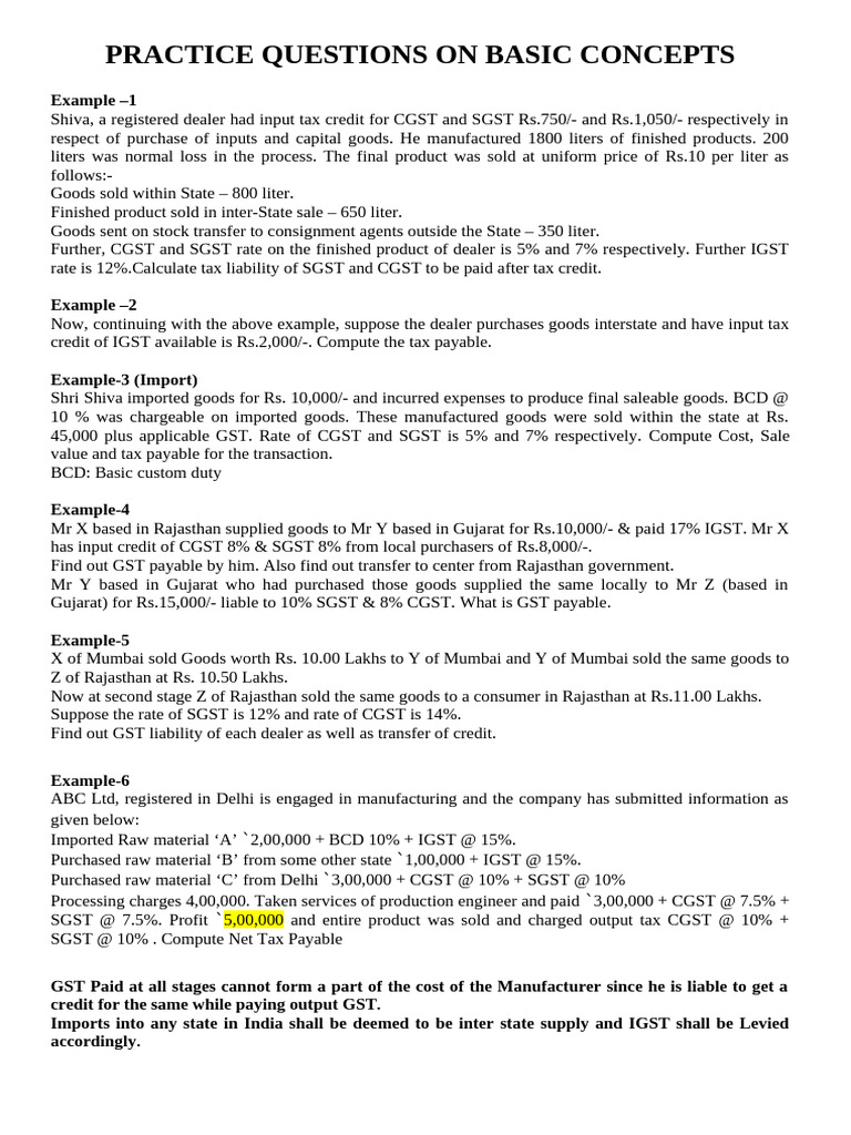 GST Practice Questions On Basic Concepts | PDF | Taxes | Value Added Tax