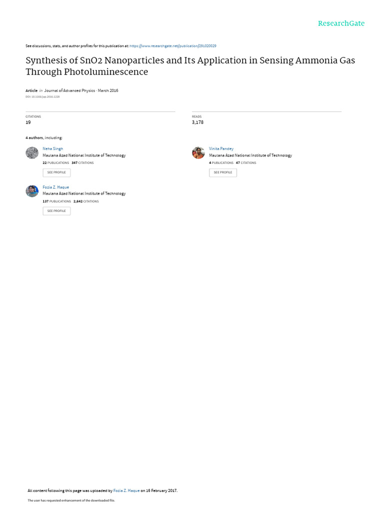 Synthesis of SnO2 Nanoparticles and Its Application in Sensing Ammonia ...
