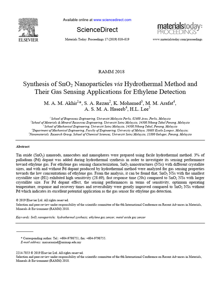 Synthesis of SnO2 Nanoparticles Via Hydrothermal Method | PDF ...