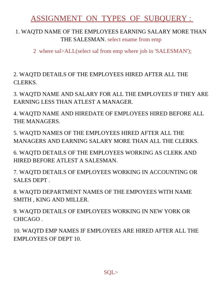 Assignment On Types of Subquery | PDF