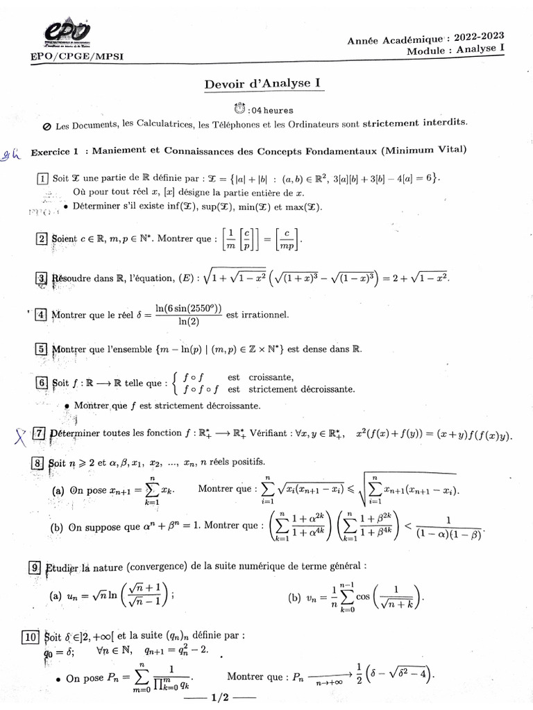 1er DEVOIR ANALYSE, de EPEO, Le 16 Décembre 2022 de 14h06min03s00tièce À 18h06min36s00tièce de L ...