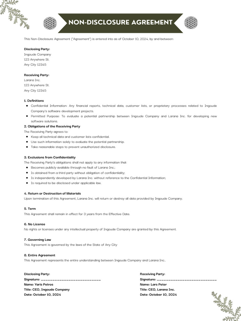 Green White Simple Organic Non-Disclosure Agreement A4 Document | PDF