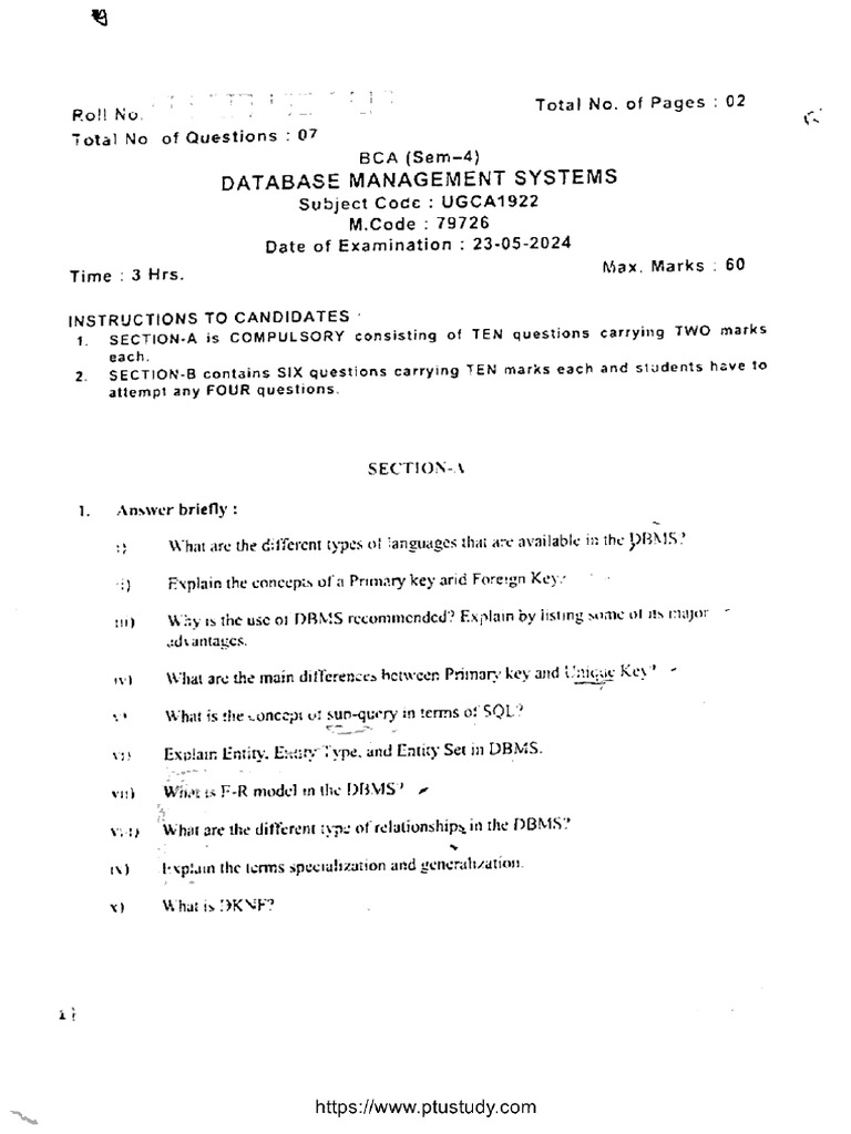 Bca 4 Sem Database Management Systems 79726 May 2024 | PDF