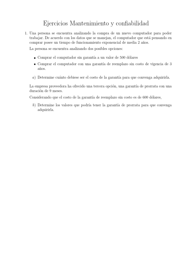Ejercicios Confiabilidad y Mantenimiento | PDF | Ingeniería de confiabilidad | Informática