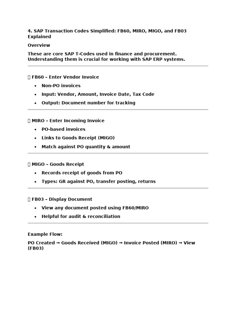 SAP Transaction Codes Simplified FB60, MIRO, MIGO, and FB03 Explained | PDF