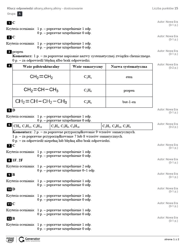 Alkany, Alkeny, Alkiny - Dostosowanie Klucz Odpowiedzi | PDF