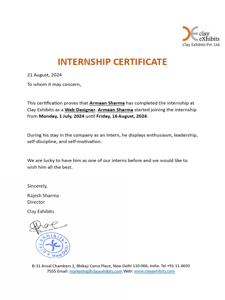 Internship Certificate for Web Designer | PDF