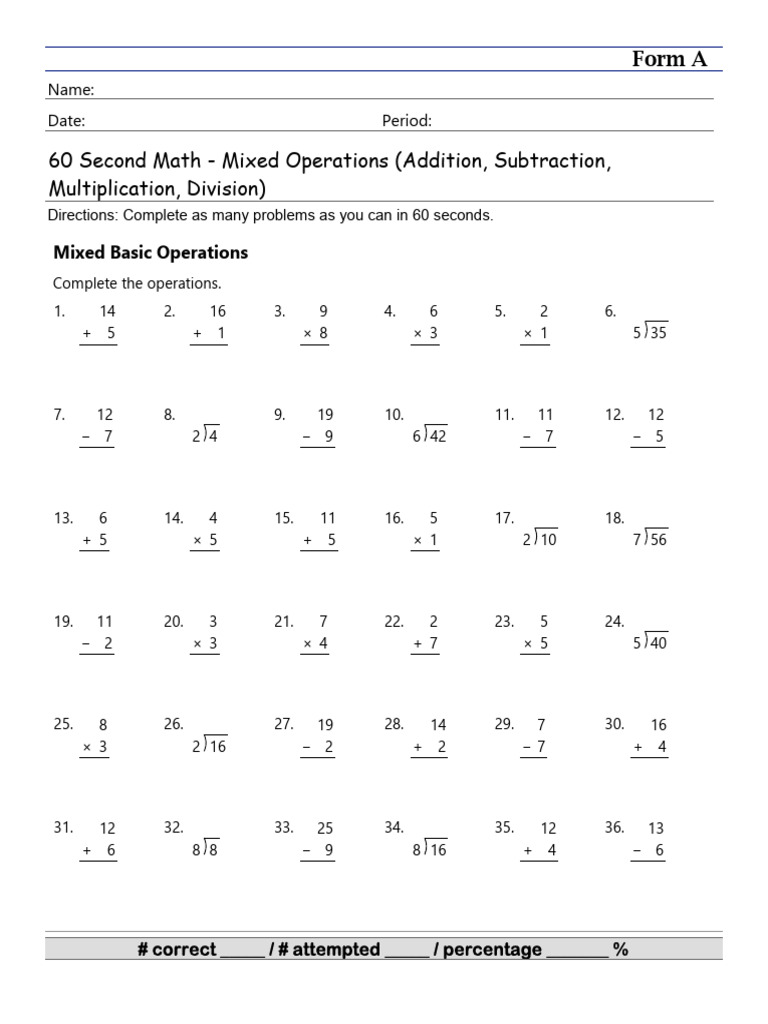 60-Second Mixed Operations Worksheet | PDF | Arithmetic | Mathematics