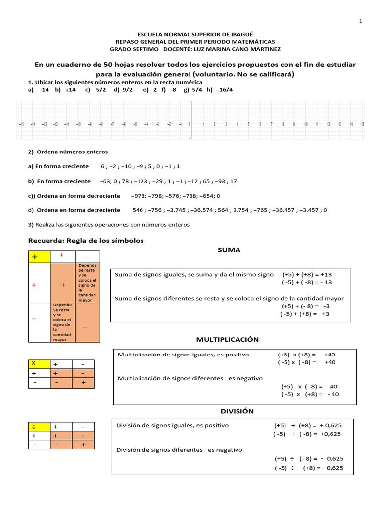 Repaso Matemáticas Séptimo Grado | PDF | Entero | Sustracción