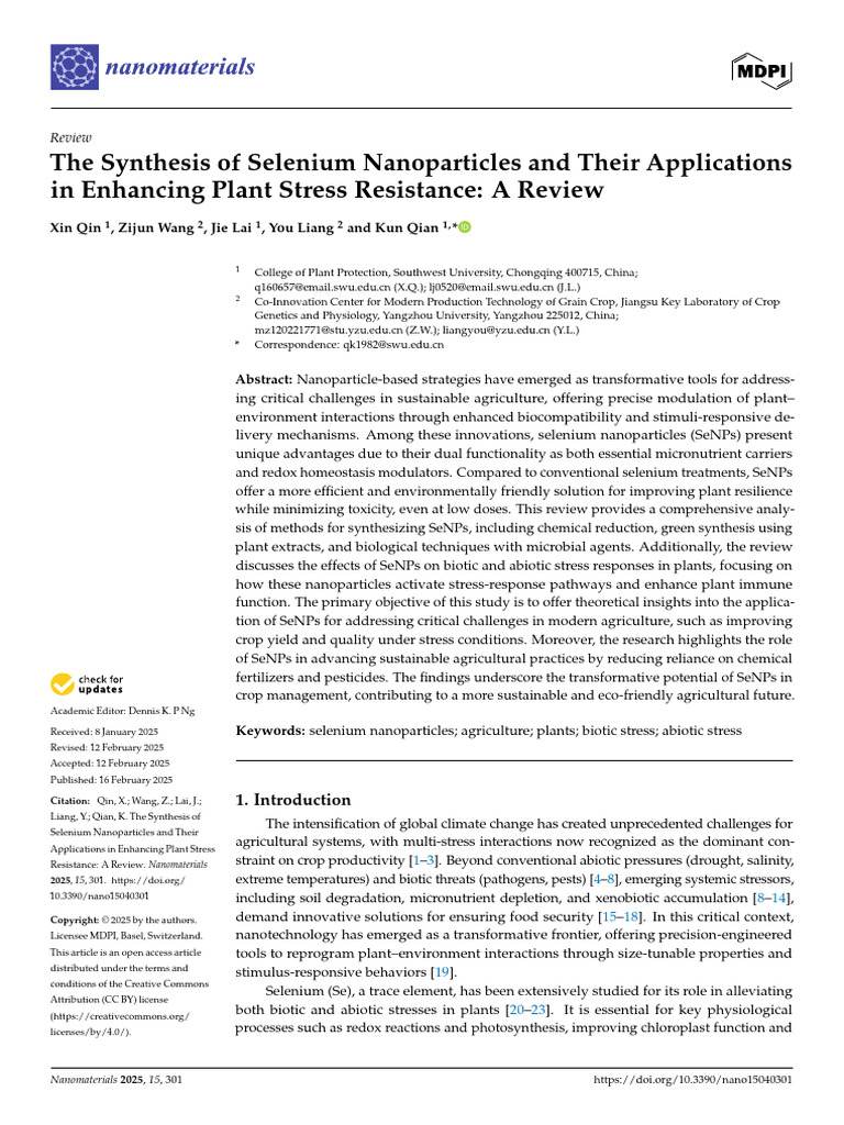 Qin-2025-The Synthesis of Selenium Nanoparticl | PDF | Selenium | Soil
