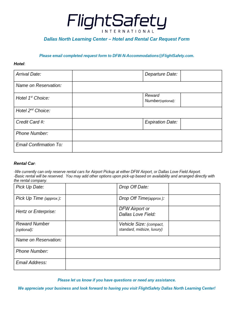 FlightSafety Dallas North - Hotel & Rental Car Request Form | PDF