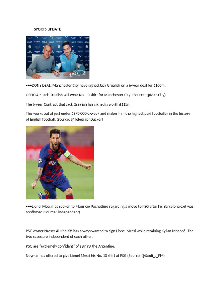 Grealish Joins Man City; Messi to PSG? | PDF