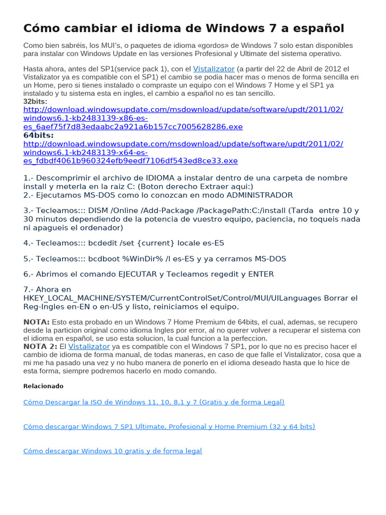 Cómo Cambiar El Idioma de Windows 7 A Español | PDF | Windows 7 ...