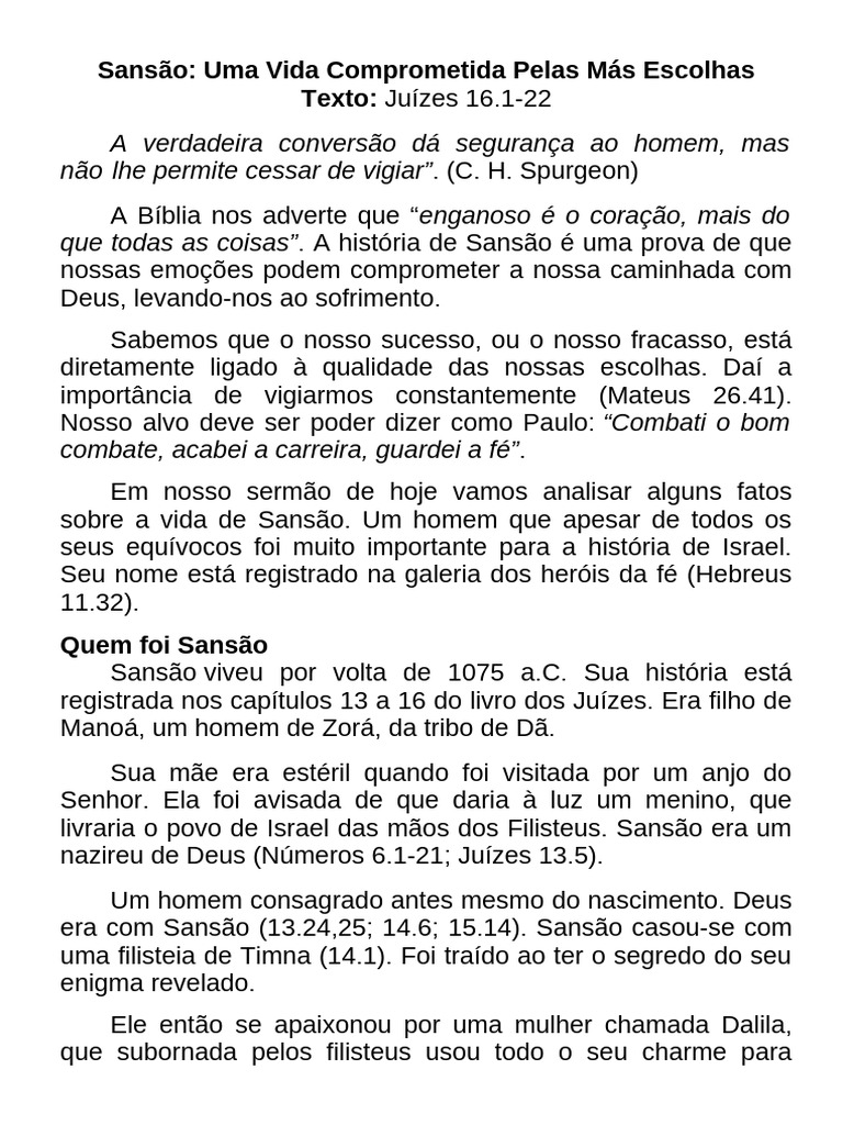 Sansão Uma Vida Comprometida Pelas Más Escolhas | PDF | Sansão | Dalila