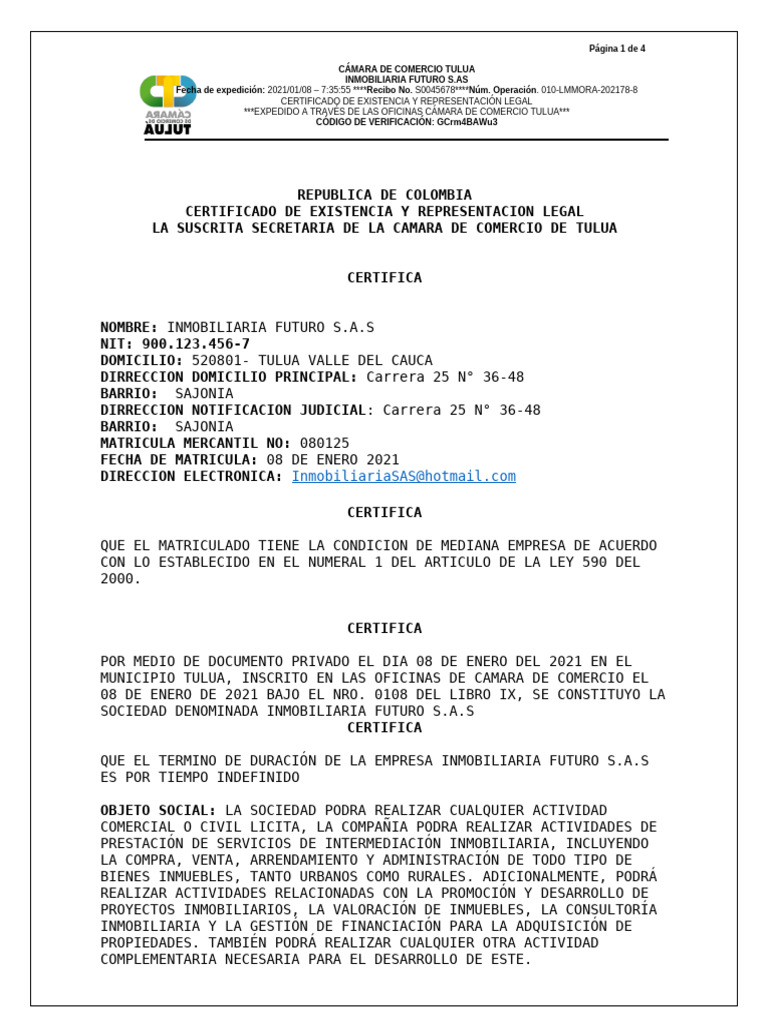 Certificado de Existencia y Representacion Legal Convocado | PDF | Sociedad de responsabilidad ...