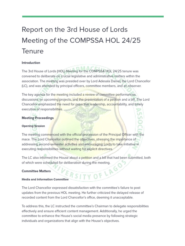 Report On The 3rd House of Lords Meeting of The COMPSSA HOL 24 - 25 ...