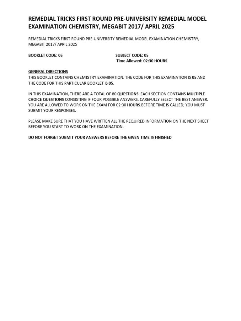 2017 Chemistry First Round Pre University Remedial Model Examination ...