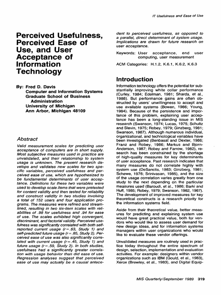 Davis1989_MISQ13_3_Perceived Usefulness Perceived Ease of Use and User Acceptance | PDF ...