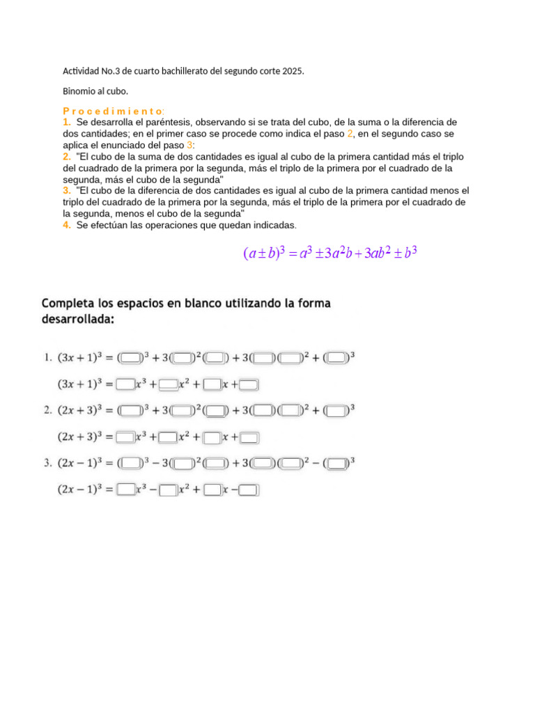 Procedimiento 1.: Actividad No.3 de Cuarto Bachillerato Del Segundo Corte 2025. Binomio Al Cubo ...