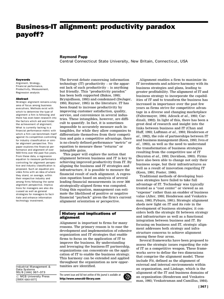 Business-IT Alignment: Productivity Paradox Payoff?: Raymond Papp | PDF ...