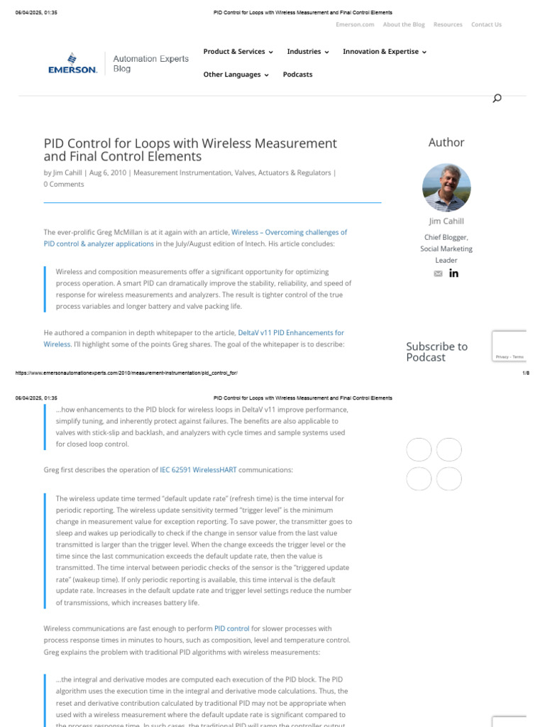 Jim Kahill PID Control For Loops With Wireless Measurement and Final Control Elements | PDF ...