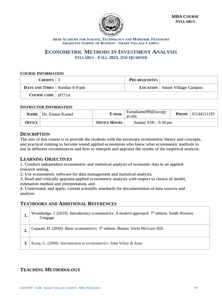 Syllabus Template, Econometric Methods | PDF | Econometrics | Regression Analysis