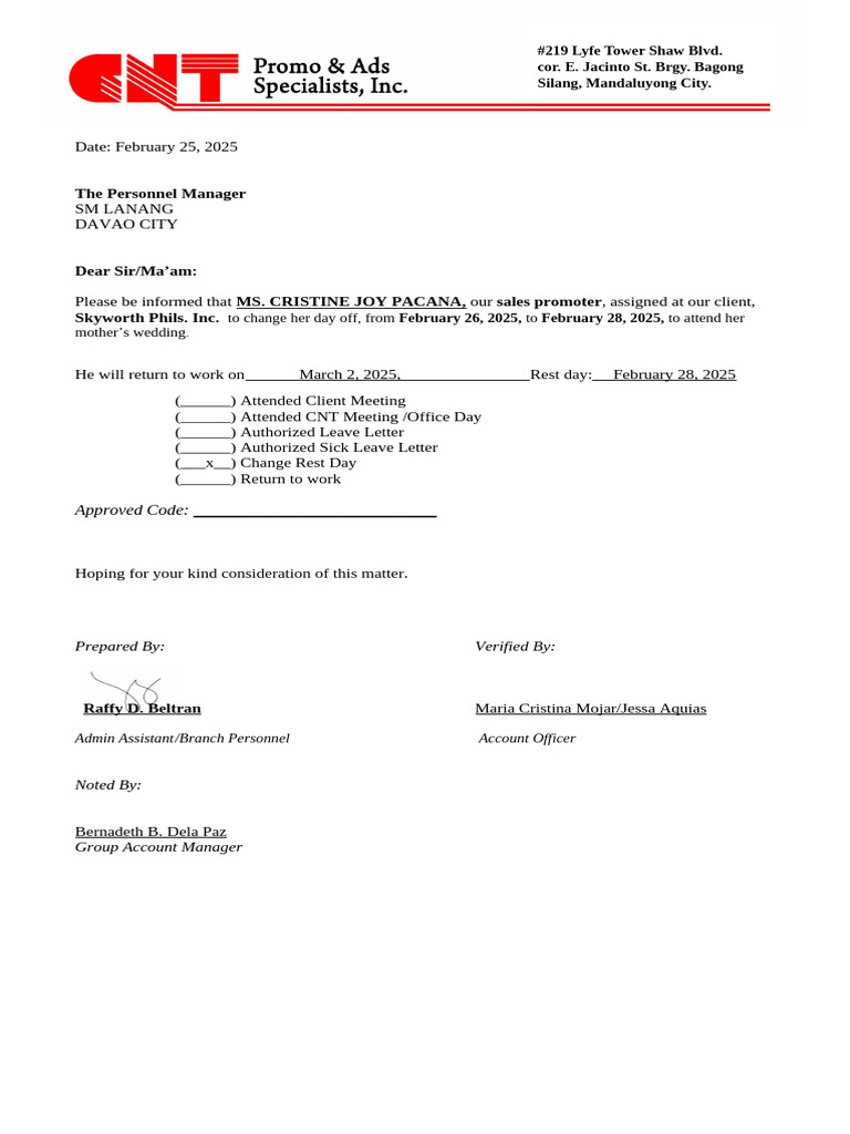 Change of Day Off Request for Employee | PDF