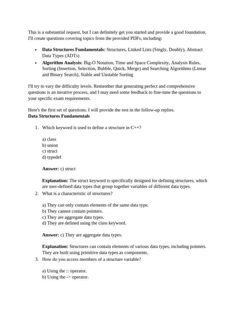 Data Structures and Algorithms Quiz Questions | PDF | Time Complexity ...
