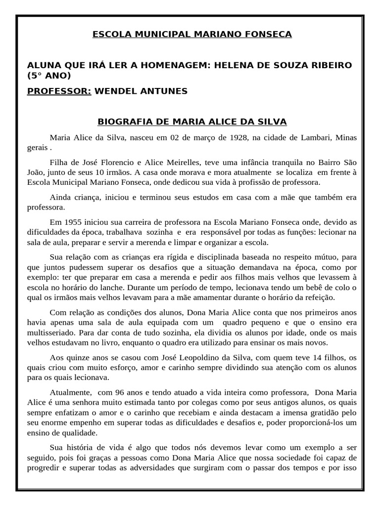 Homenagem a Maria Alice da Silva | PDF | Escolas | Amor