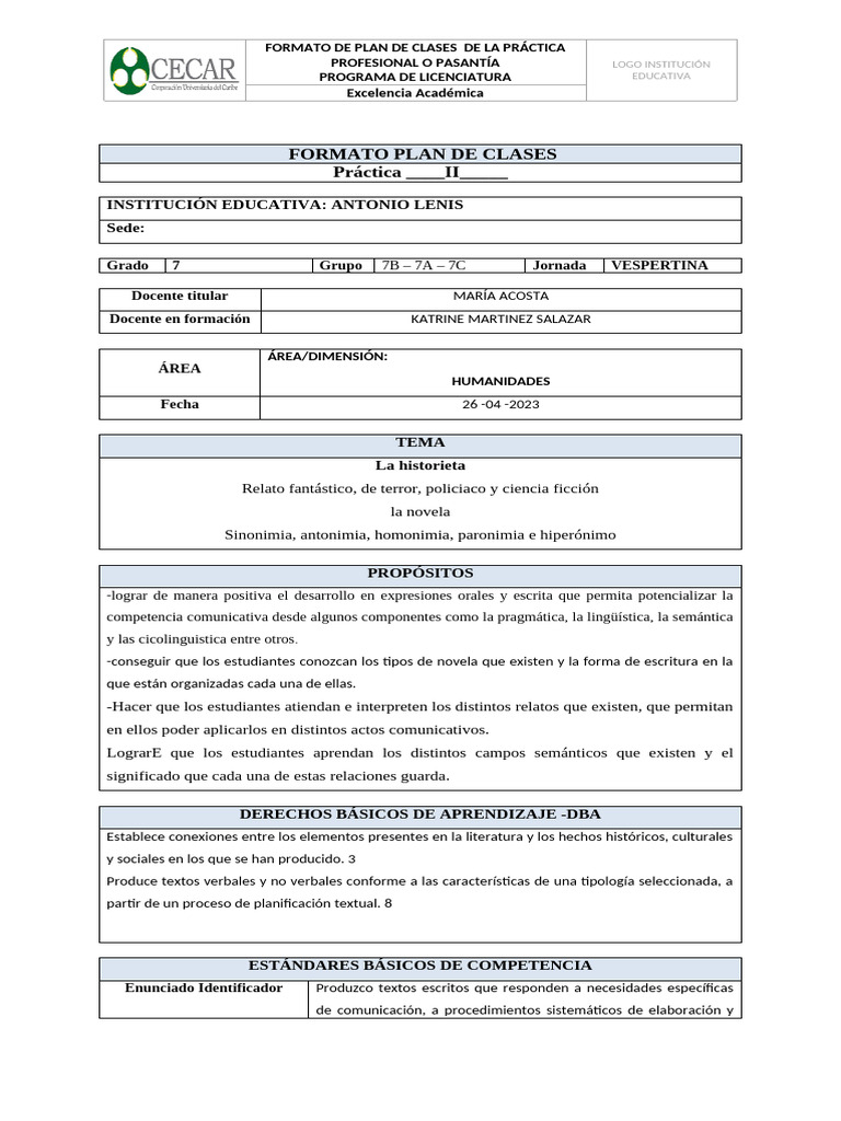 FORMATO PLAN DE CLASE LINGÜÍSTICA Y LITERATURA (PRÁCTICA I Y II) (1) (1) (2) | PDF | Cómics ...