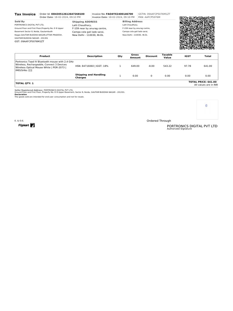 Portronics Bluetooth Mouse Invoice | PDF | Taxation | Payments