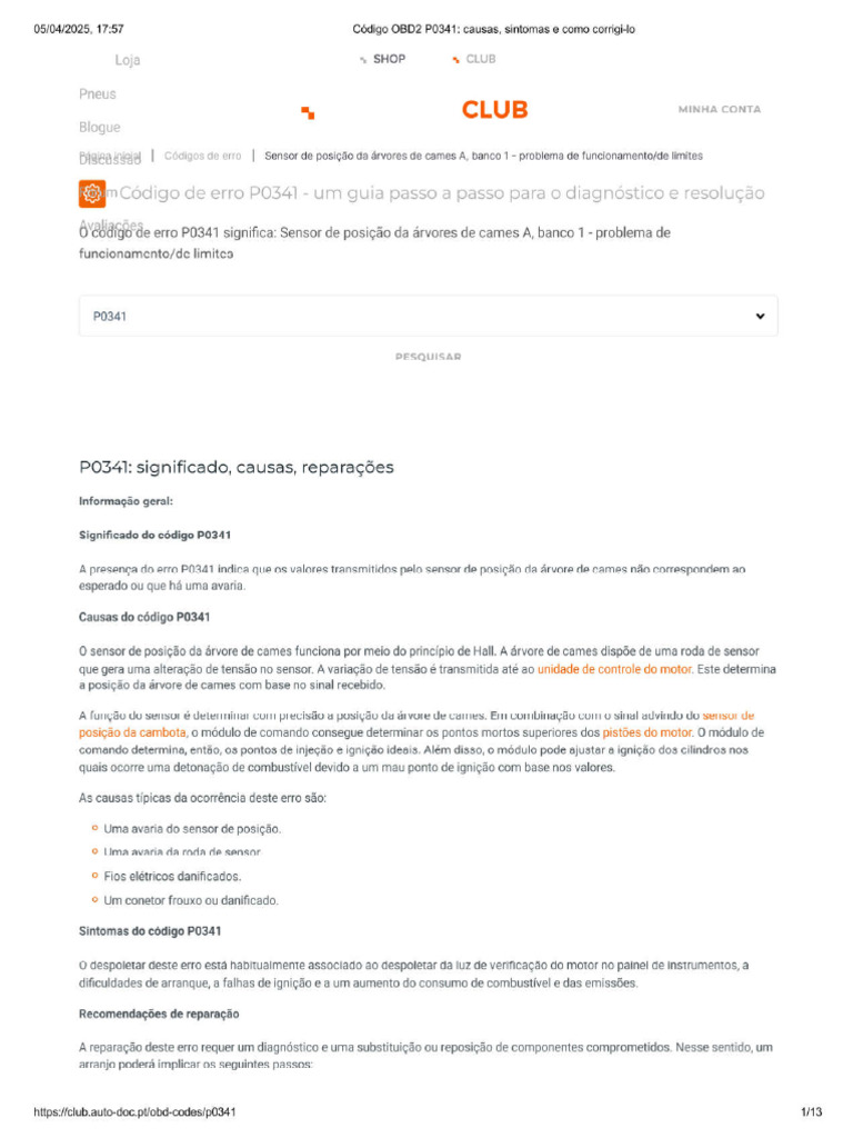 Código OBD2 P0341_ causas, sintomas e como corrigi-lo | PDF