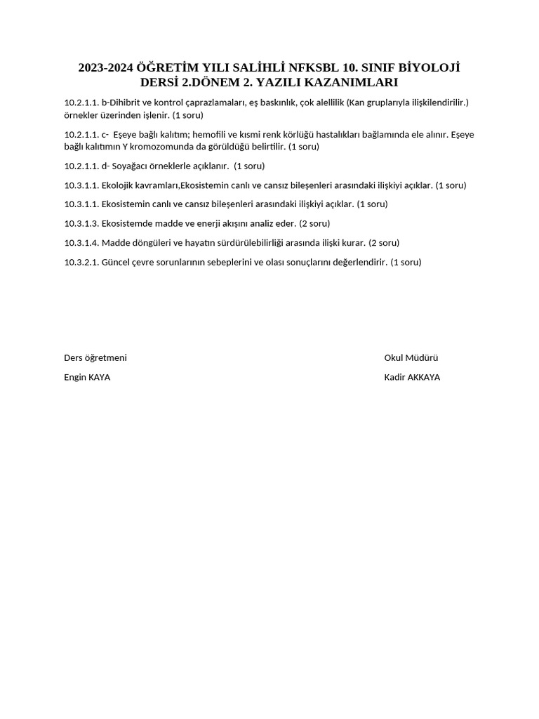 10.bi̇yoloji̇ 2.D 2.S Kazanimlari | PDF