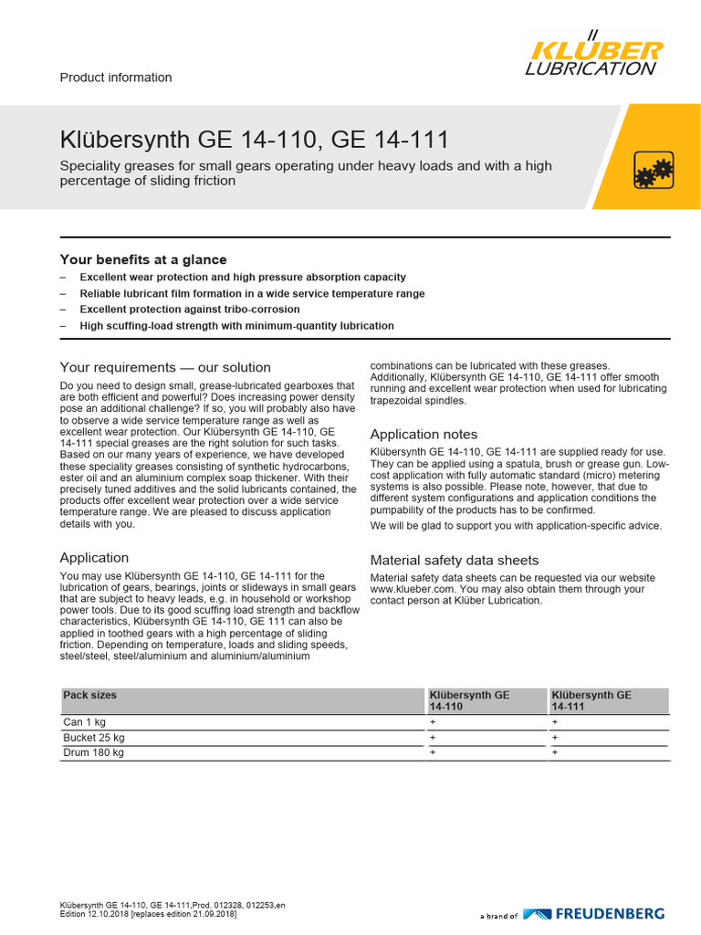 Klübersynth GE 14-110 GE 14-111 EN en | PDF | Lubricant | Oil