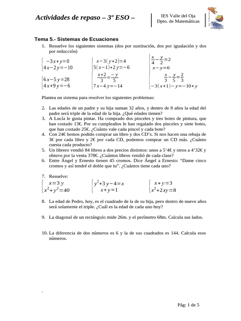 Actividades-De-Repaso 3 Eso 2 1015-1016 | PDF | Pendiente | Matemática Elemental