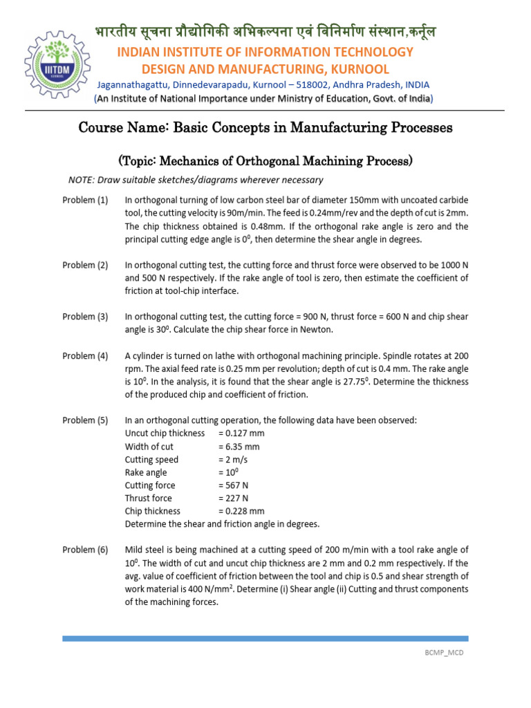 3A - Numerical Problems - Mechanics of Orthogonal Machining | PDF ...
