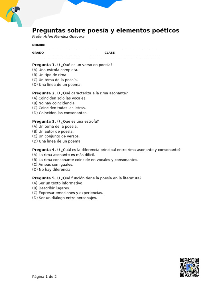 Preguntas sobre poesía y versos | PDF