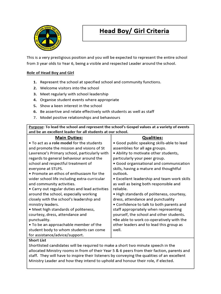 Head Boy/Girl Application Guidelines | PDF | Leadership | Social Psychology