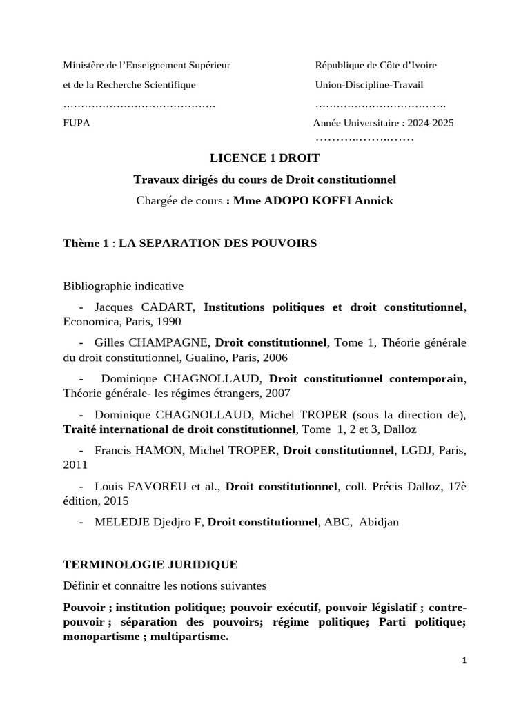 Fiches de TD Semestre 2 | PDF | Séparation des pouvoirs | Constitution