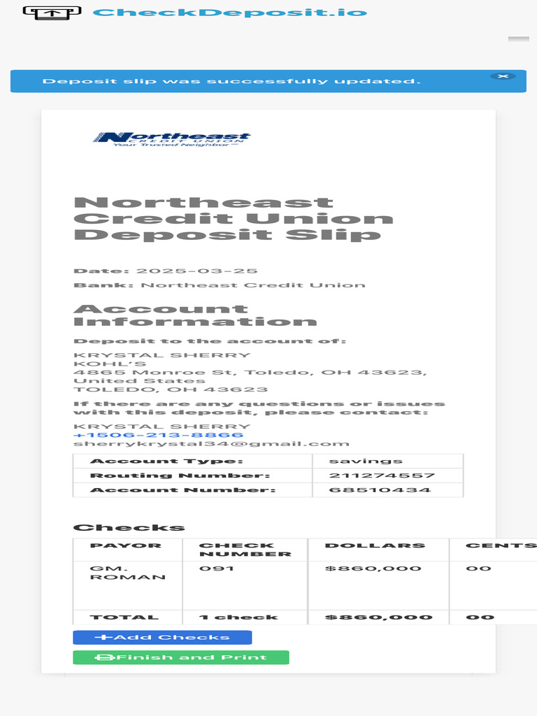Northeast Credit Union Deposit Slip | PDF