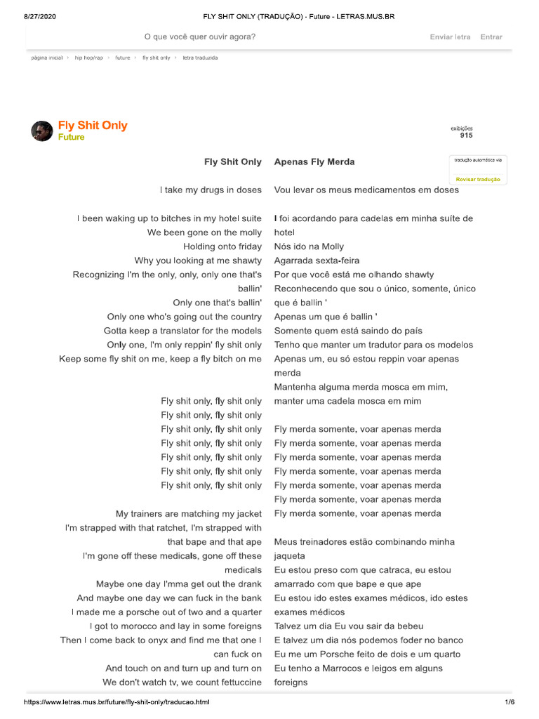FLY SHIT ONLY (TRADUÇÃO) - Future - LETRAS | PDF