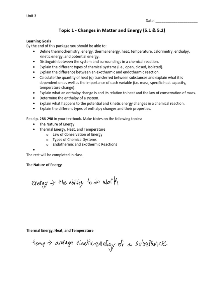 Topic 1 (Unit 3) - Changes in Matter and Energy Student Note (24-25 ...