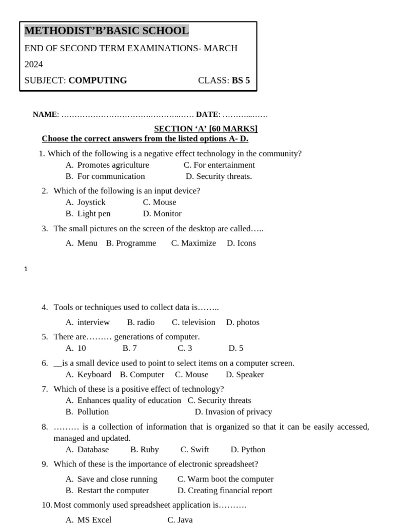 BS5 END OF 2ND TERM EXAMS 2024 Computing | PDF | World Wide Web | Internet & Web