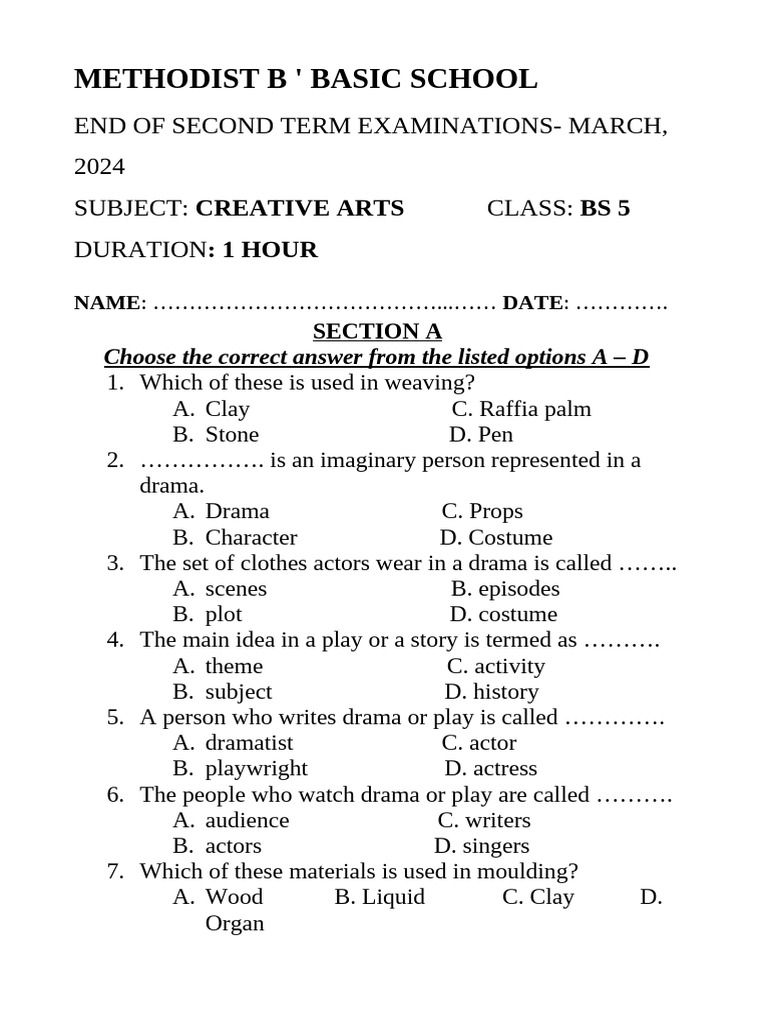 BS5 END OF 2ND TERM EXAMS 2024 Creative Arts | PDF