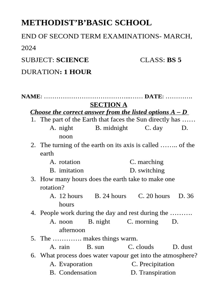 Science Exam for BS 5 - March 2024 | PDF | Water | Soil