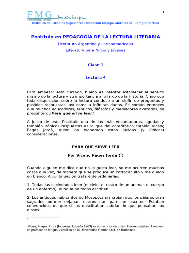 Clase 1 Lectura 4 - para Que Ü Sirve Leer. Vicenc Page Çs Jorda Ç LAL | PDF