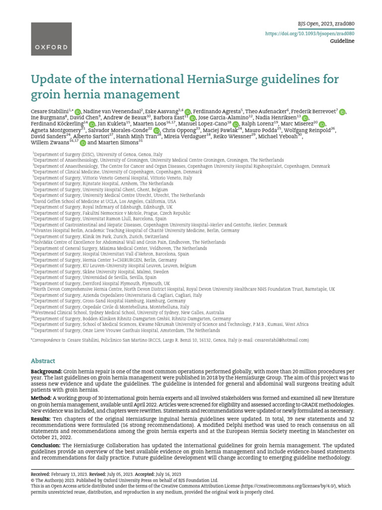 Update of the international HerniaSurge guidelines for groin hernia management | PDF