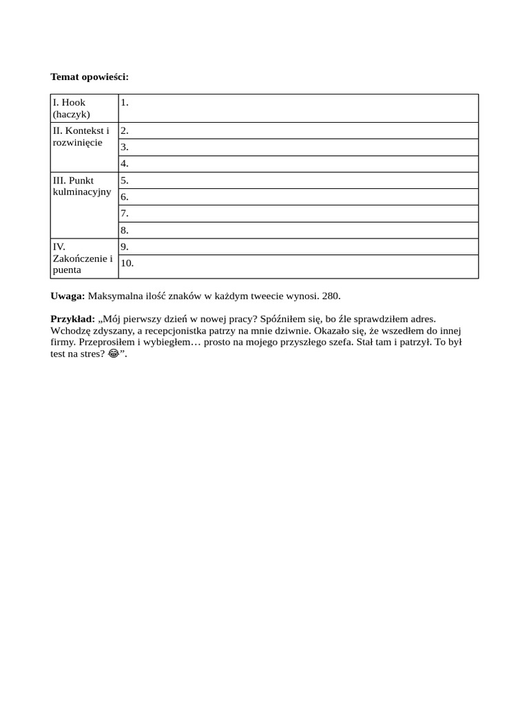 Storytelling Na Twitterze - Ćwiczenie (Tabela Pusta) | PDF