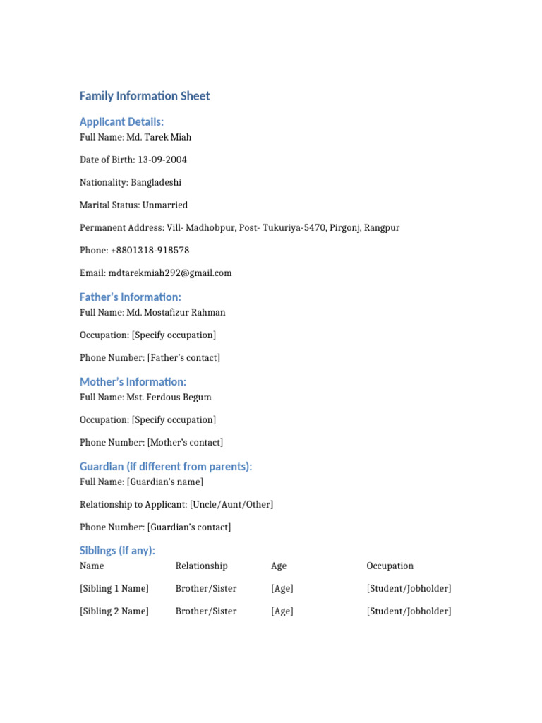 Family Information Sheet | PDF