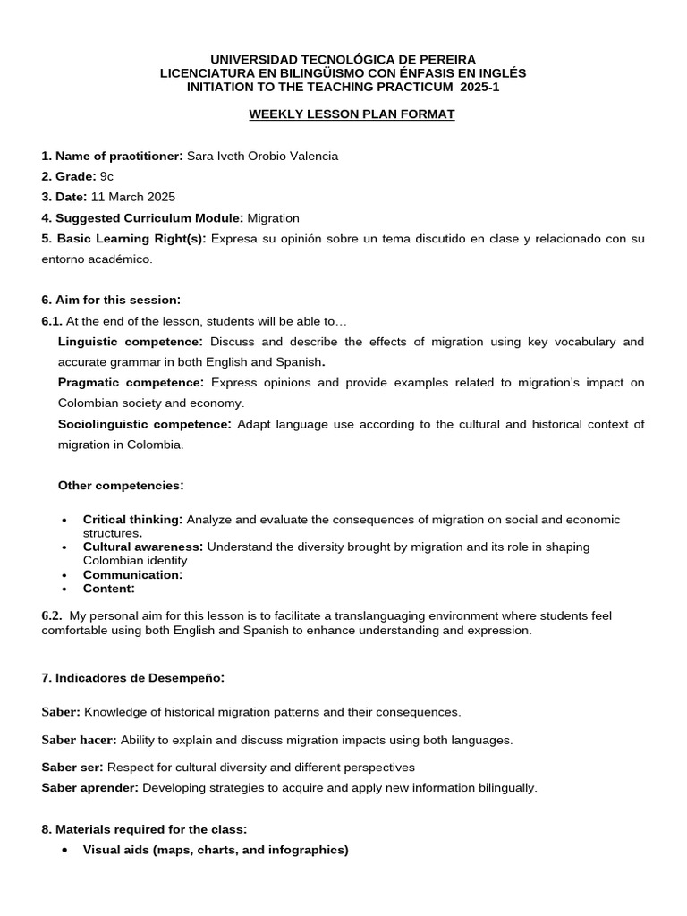 Lesson Plan Format ITP 2025 9C Migration | PDF | English Language | Human Communication